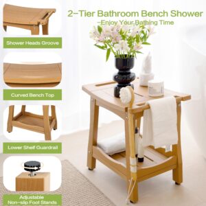 Y&M 2-Tier Bathroom Shower Bench with Waterproof Storage Shelf, HDPE Towel & Shower Head Shelves Curved Seat, Small Tub Chair for Shaving Legs Foot Stool, Bath, Spa, Indoor or Outdoor Use, Teak