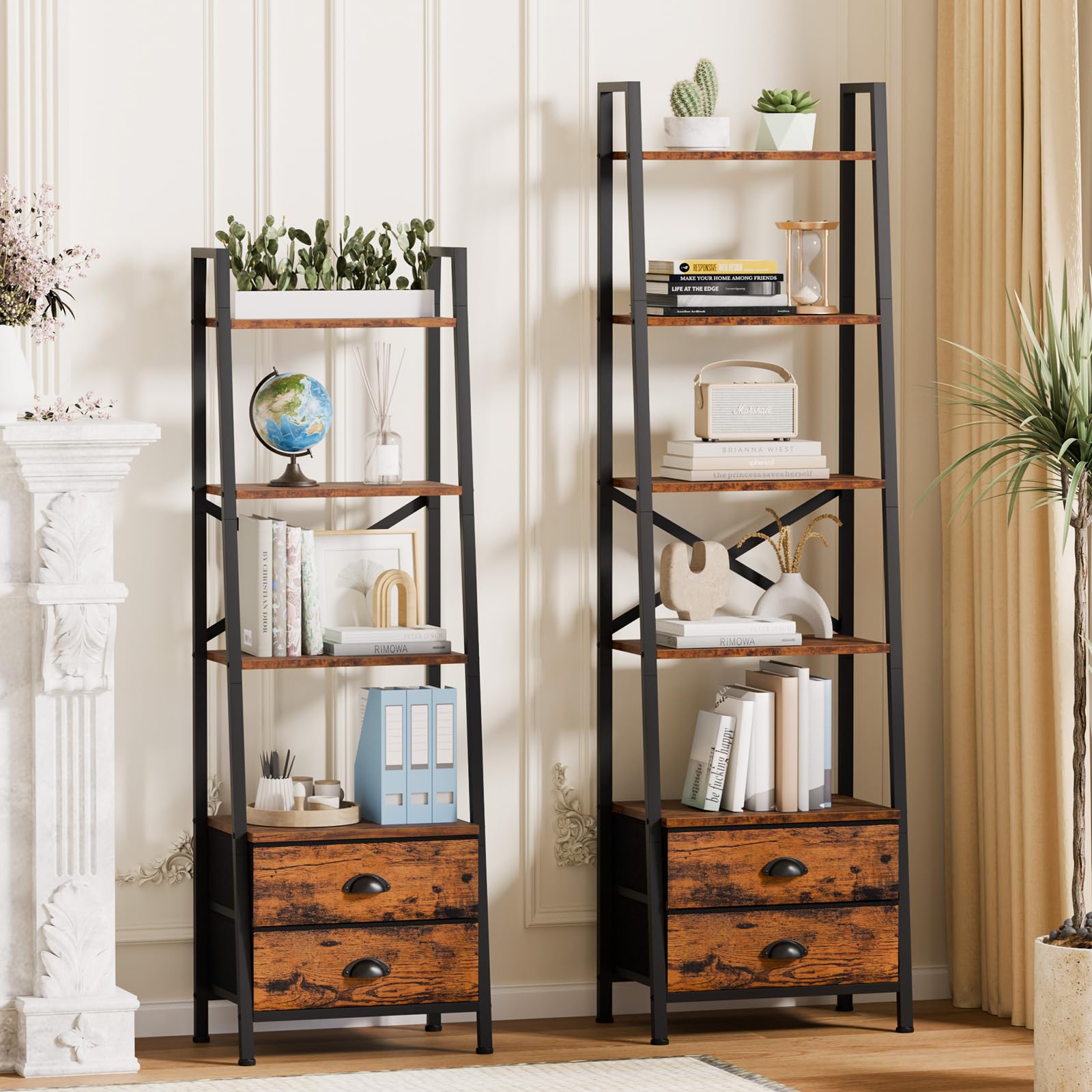 Furologee 5-Tier Ladder Shelf with 2 Drawers,Narrow Bookshelf Storage Shelves,Industrial Bookcase Freestanding Shelf Units for Bedroom,Living Room,Bathroom,Home Office,Balcony,Wood Metal,Rustic Brown