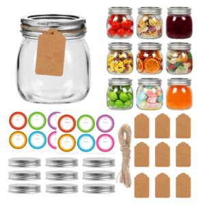 10oz wide mouth mason jars, 9 pack round canning jars with silver regular lids and bands, with extra 9pcs regular mouth lids for honey, jelly, yogurt and wedding favors