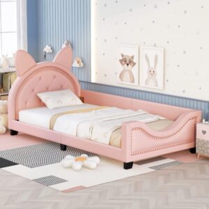 SPOFLYINN Twin Size Upholstered Leather Bed with Carton Ears Shaped Headboard for Girls Boys Twin Size Upholstered Day Bed Pink