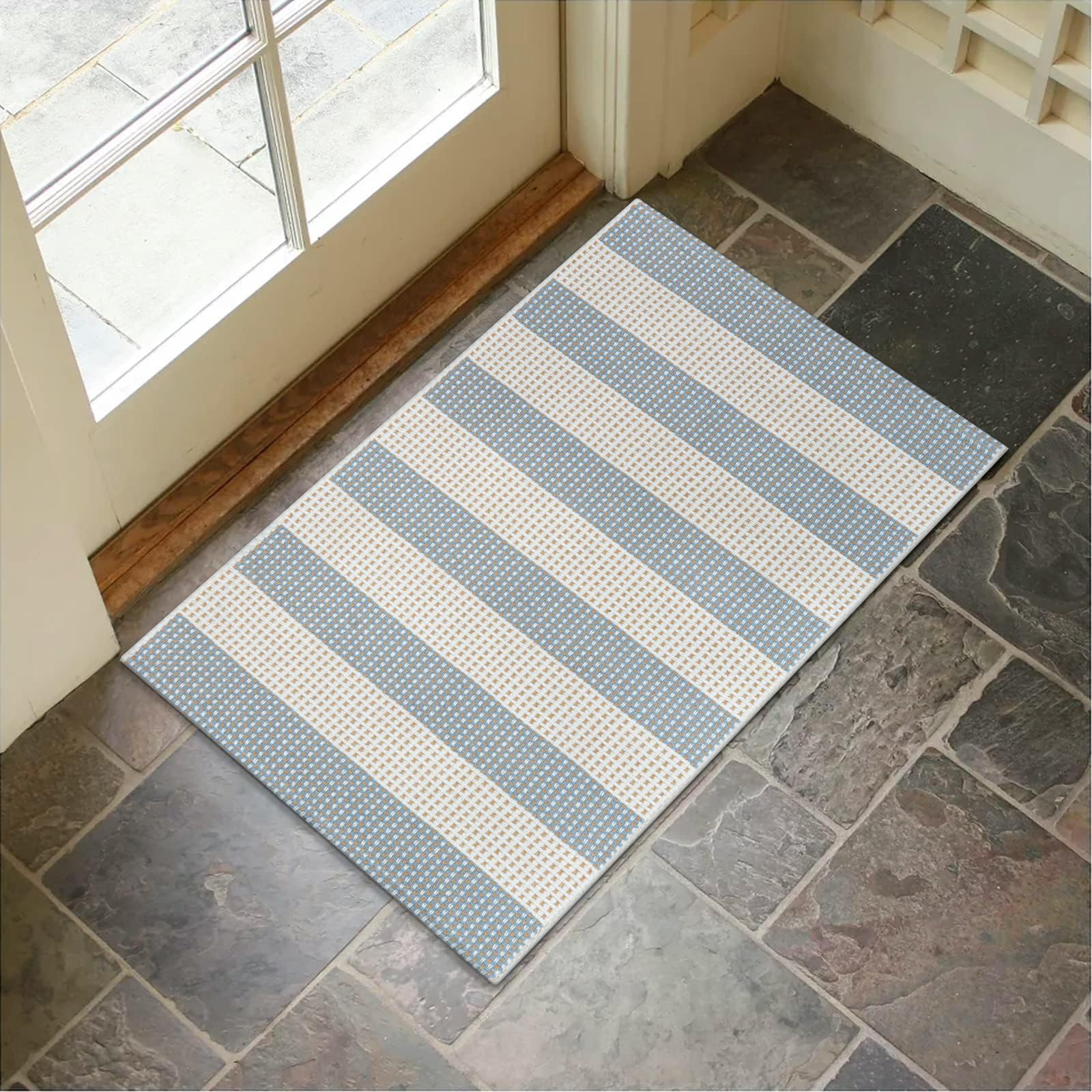 LEEVAN Front Door Rug 24'' x 35'', Machine Washable Blue Outdoor Rug Entryway Rugs, Indoor Striped Rug Cotton Hand-Woven Small Area Rug Outdoor Mats for Porch/Farmhouse/Home Entrance