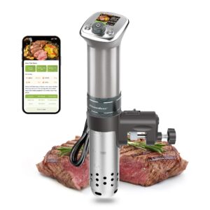 kitchenboss wifi sous vide cooker: ultra-quiet sous vide machine built-in color display recipes waterproof, 1100 watts sous vide immersion circulator precision cooker magnetic knob app control, silver