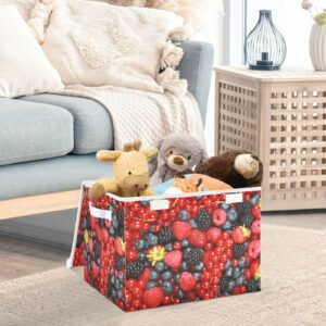 VIGTRO Large Collapsible Storage Bins with Lids Strawberry Berries Fruits, Storage Baskets Organizer Containers with Handles for Home Bedroom Office