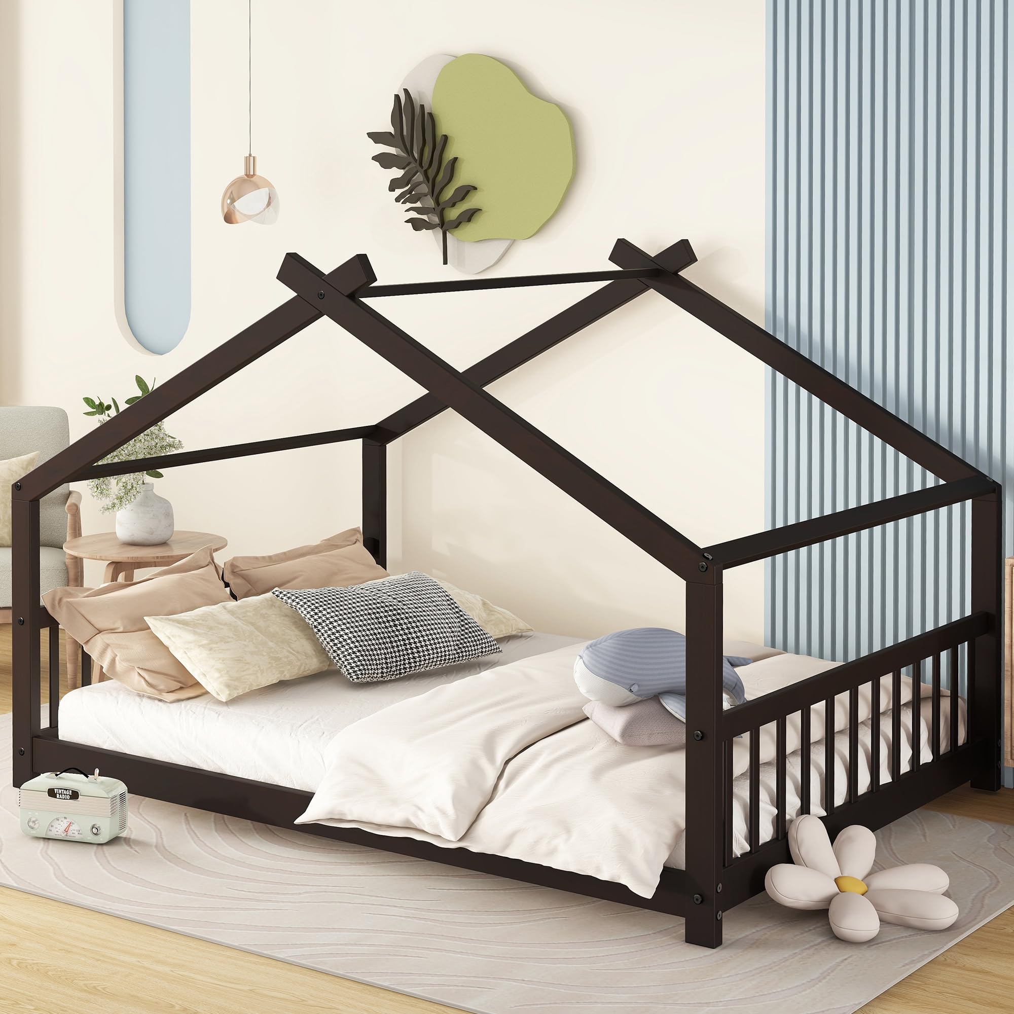 Bellemave Wood Montessori Full Size Bed Frame, Espresso - Playhouse Design, Sturdy, Safety, No Box Spring Needed, Easy Assemble