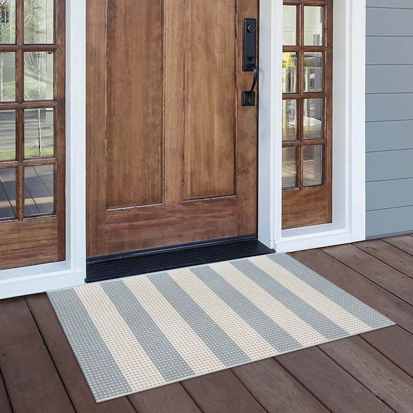 LEEVAN Front Door Rug 24'' x 35'', Machine Washable Blue Outdoor Rug Entryway Rugs, Indoor Striped Rug Cotton Hand-Woven Small Area Rug Outdoor Mats for Porch/Farmhouse/Home Entrance