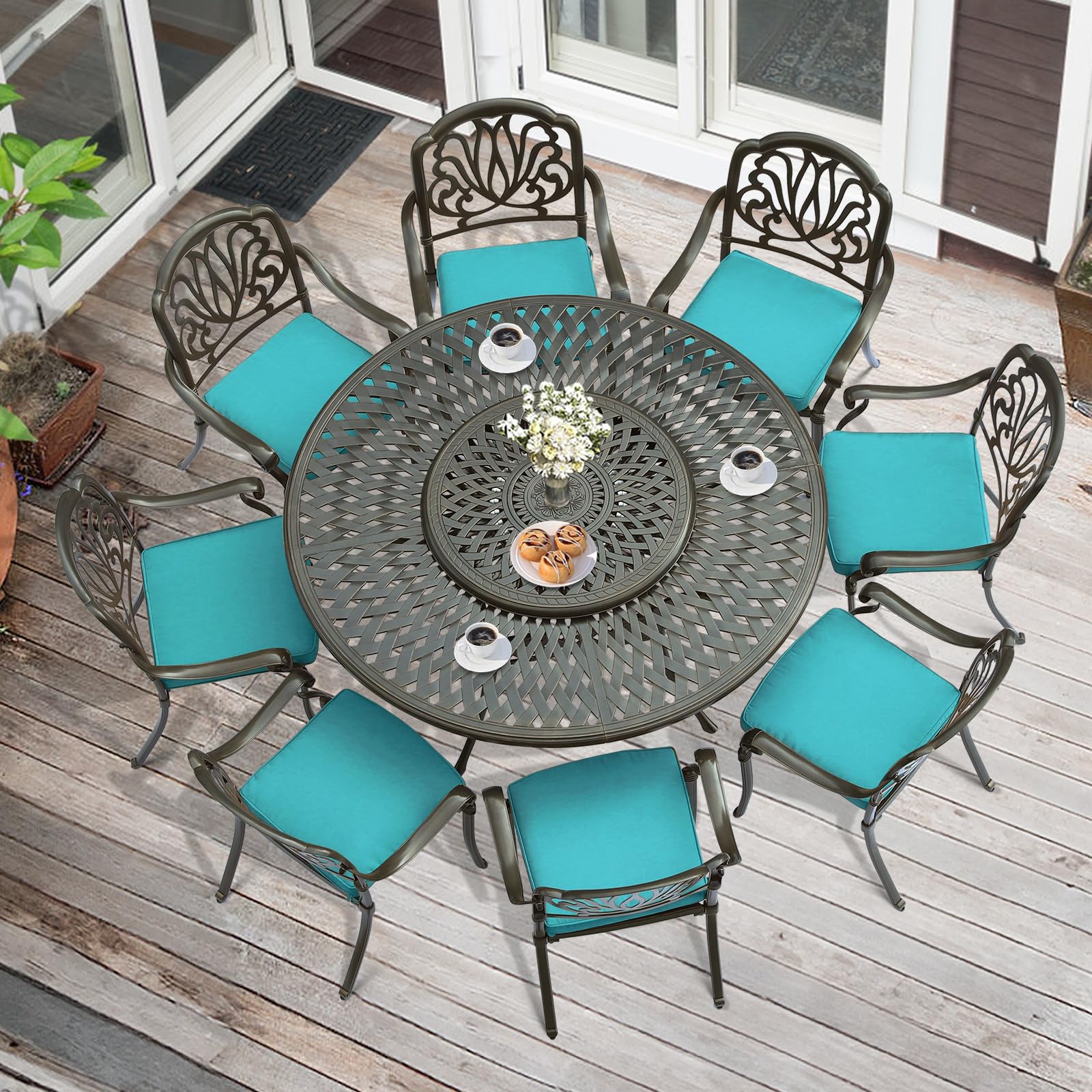 MEETWARM 9-Piece Outdoor Furniture Dining Set, All Weather Cast Aluminum Patio Garden Set- 8 Cushioned Chairs, 61" Round Patio Dining Table with Detachable Lazy Susan, 2" Umbrella Hole, Ocean Blue