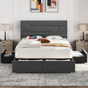 yaheetech queen bed frame upholstered platform bed with usb charging station/4 storage drawers/streamlined headboard/mattress foundation/no box spring needed/strong wooden slats, dark gray queen bed