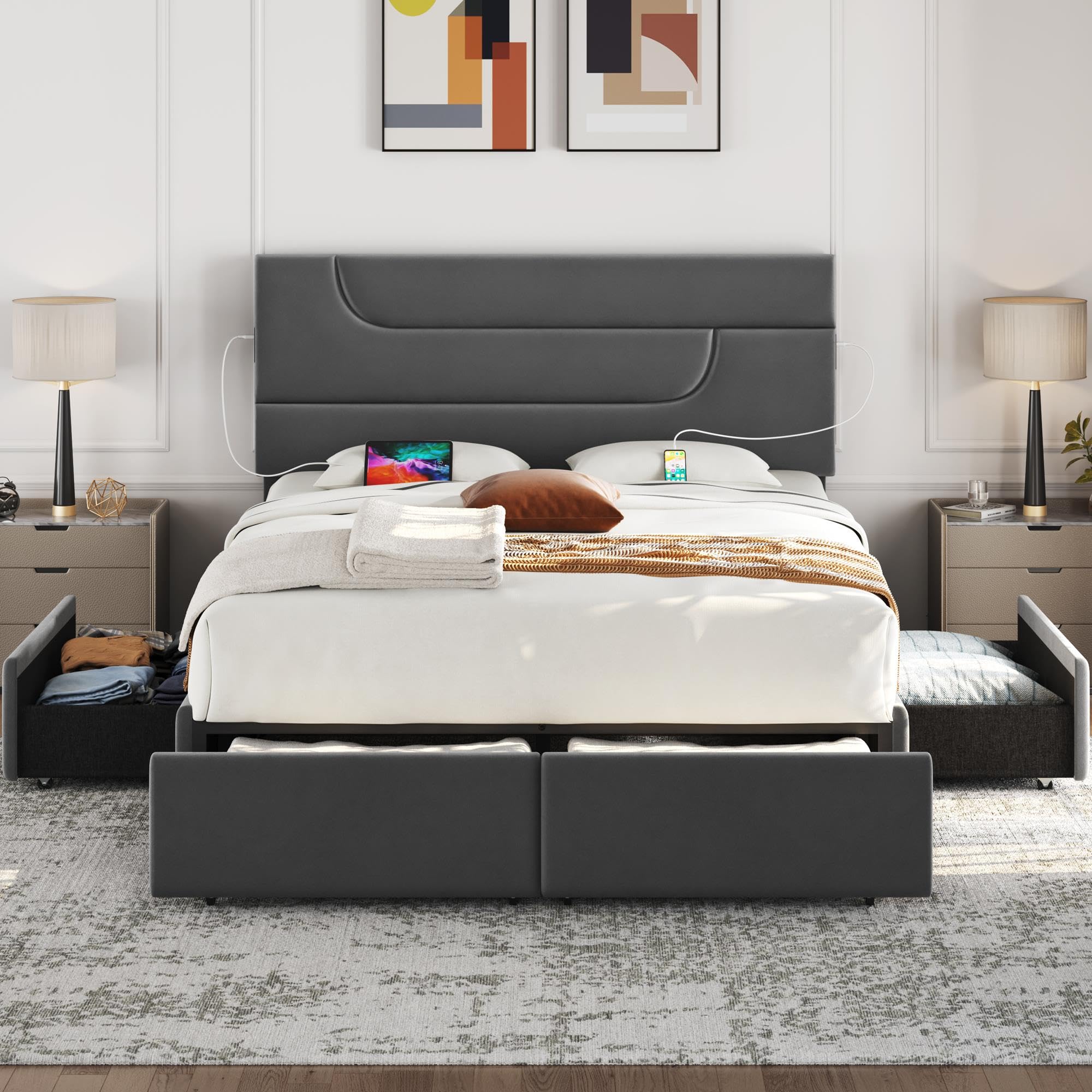 Yaheetech Queen Bed Frame Upholstered Platform Bed with USB Charging Station/4 Storage Drawers/Streamlined Headboard/Mattress Foundation/No Box Spring Needed/Strong Wooden Slats, Dark Gray Queen Bed