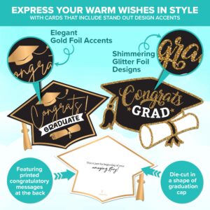 Decorably 20 Pack Gold Foiled & Glittery Graduation Cards 2024 with Envelopes & Stickers - 5 Die-Cut Designs College Graduation Card Pack, Graduation Cards Pack, 6.5x4.5in Grad Cards Pack