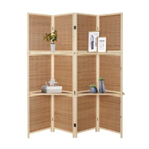 ecomex 4 panel room divider with shelves fully assembled 5.6ft folding privacy screens wooden room dividers and room separator for home bedroom, warm brown