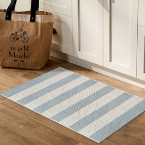 LEEVAN Front Door Rug 24'' x 35'', Machine Washable Blue Outdoor Rug Entryway Rugs, Indoor Striped Rug Cotton Hand-Woven Small Area Rug Outdoor Mats for Porch/Farmhouse/Home Entrance