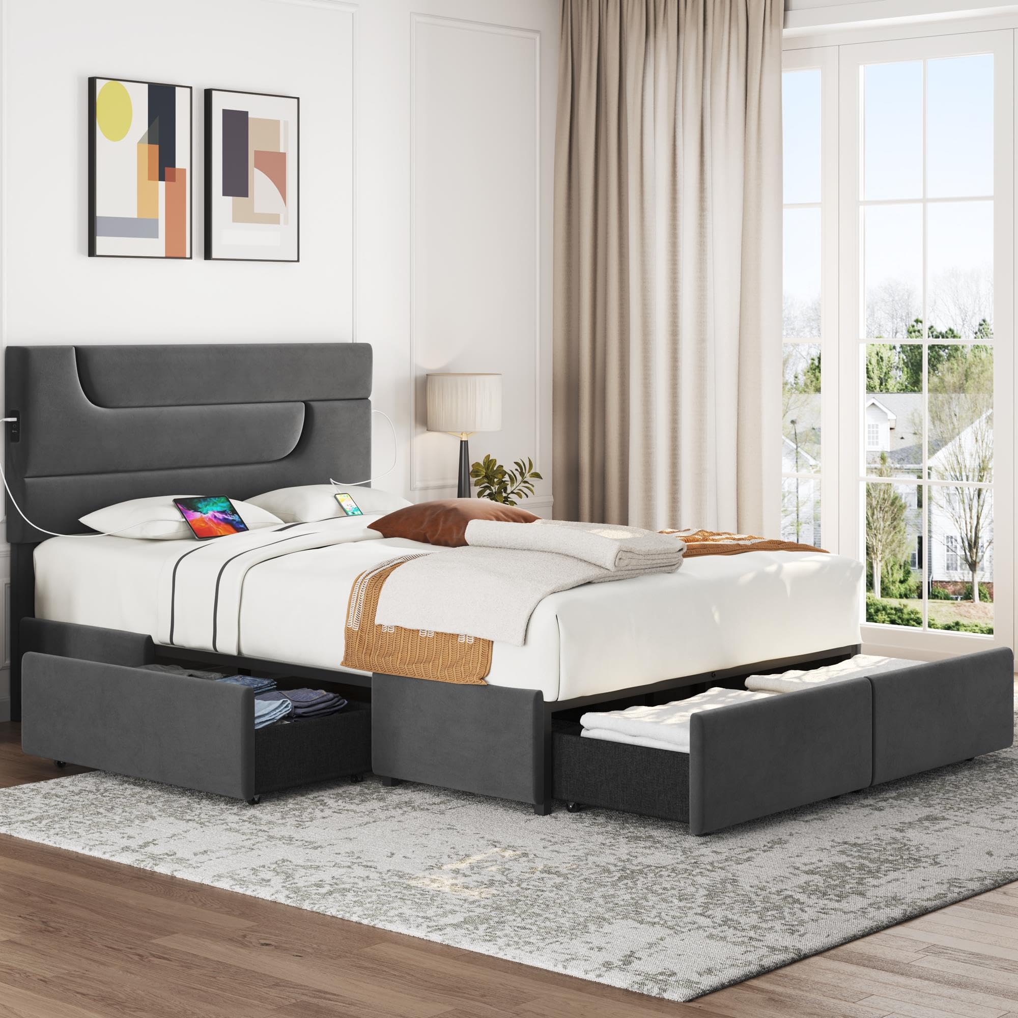 Yaheetech Queen Bed Frame Upholstered Platform Bed with USB Charging Station/4 Storage Drawers/Streamlined Headboard/Mattress Foundation/No Box Spring Needed/Strong Wooden Slats, Dark Gray Queen Bed