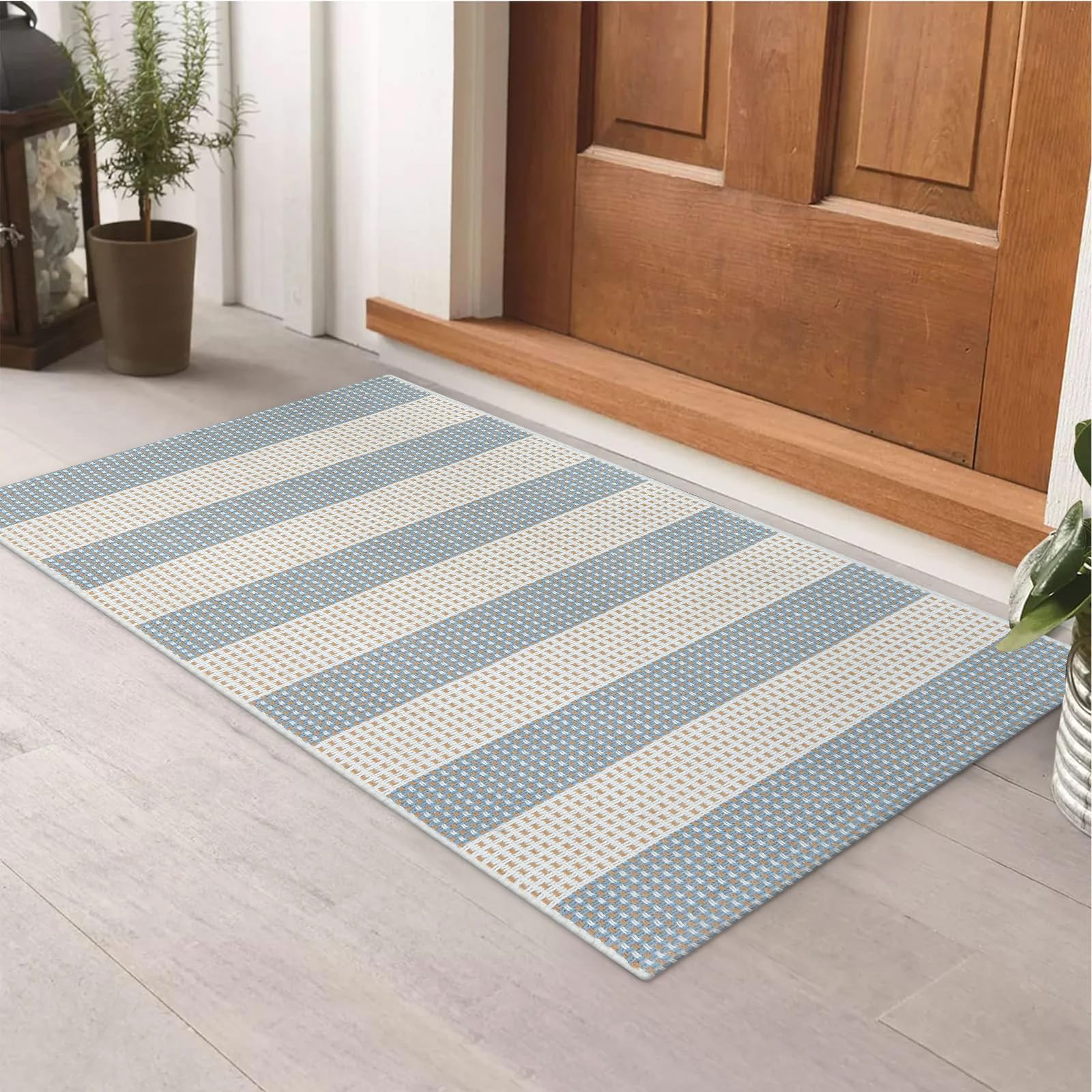 LEEVAN Front Door Rug 24'' x 35'', Machine Washable Blue Outdoor Rug Entryway Rugs, Indoor Striped Rug Cotton Hand-Woven Small Area Rug Outdoor Mats for Porch/Farmhouse/Home Entrance