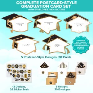 Decorably 20 Pack Gold Foiled & Glittery Graduation Cards 2024 with Envelopes & Stickers - 5 Die-Cut Designs College Graduation Card Pack, Graduation Cards Pack, 6.5x4.5in Grad Cards Pack