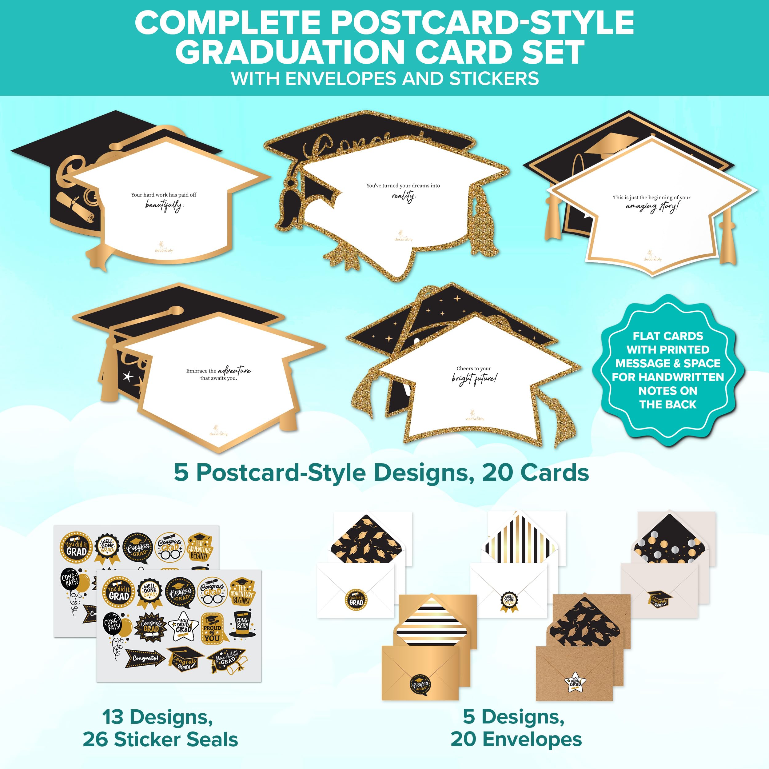 Decorably 20 Pack Gold Foiled & Glittery Graduation Cards 2024 with Envelopes & Stickers - 5 Die-Cut Designs College Graduation Card Pack, Graduation Cards Pack, 6.5x4.5in Grad Cards Pack