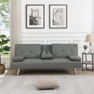 ouui futon sofa bed modern faux leather couch, convertible folding futon couch recliner lounge for living room with 2 cup holders with armrest (leather, grey)