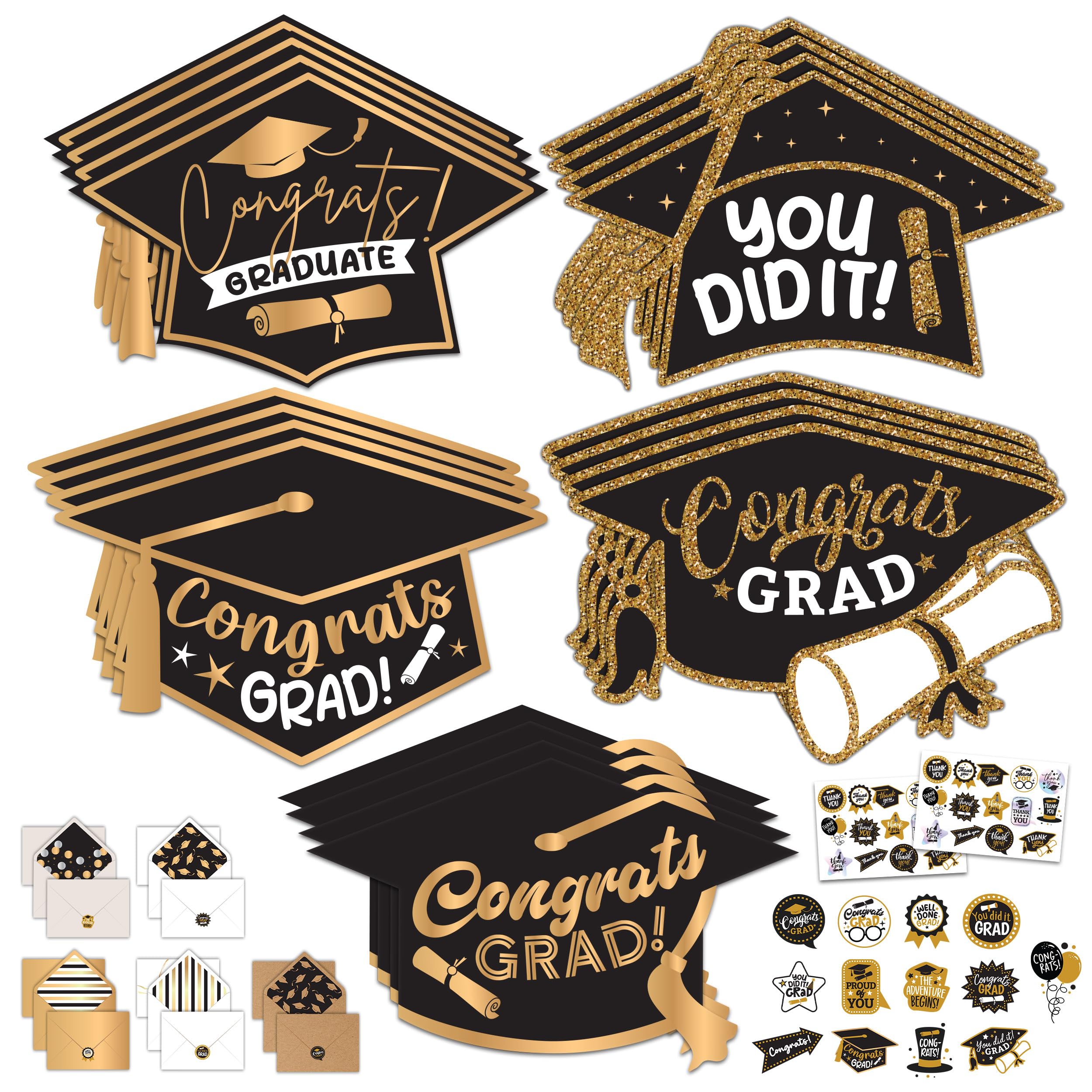 Decorably 20 Pack Gold Foiled & Glittery Graduation Cards 2024 with Envelopes & Stickers - 5 Die-Cut Designs College Graduation Card Pack, Graduation Cards Pack, 6.5x4.5in Grad Cards Pack