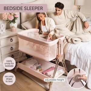 KOOLABABY Baby Bedside Sleeper - Bassinet & Bedside Crib with Height Adjustment & Wheels - Can Be Placed Next to Bed - Attaches to Parents Bed - Easy to Fold & Carry Baby Bed for Girls (Pink)