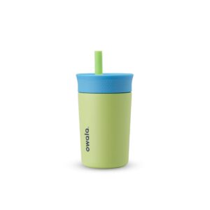 owala kids insulation stainless steel tumbler with spill resistant flexible straw, easy to clean, kids water bottle, great for travel, dishwasher safe, 12 oz, blue and light green (turtley awesome)