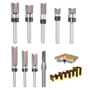 sicwood 9pcs pattern flush trim router bit 1/4 shank, carbide tipped top bearing template pattern router bit, straight flush cut router bit, for wood trimming