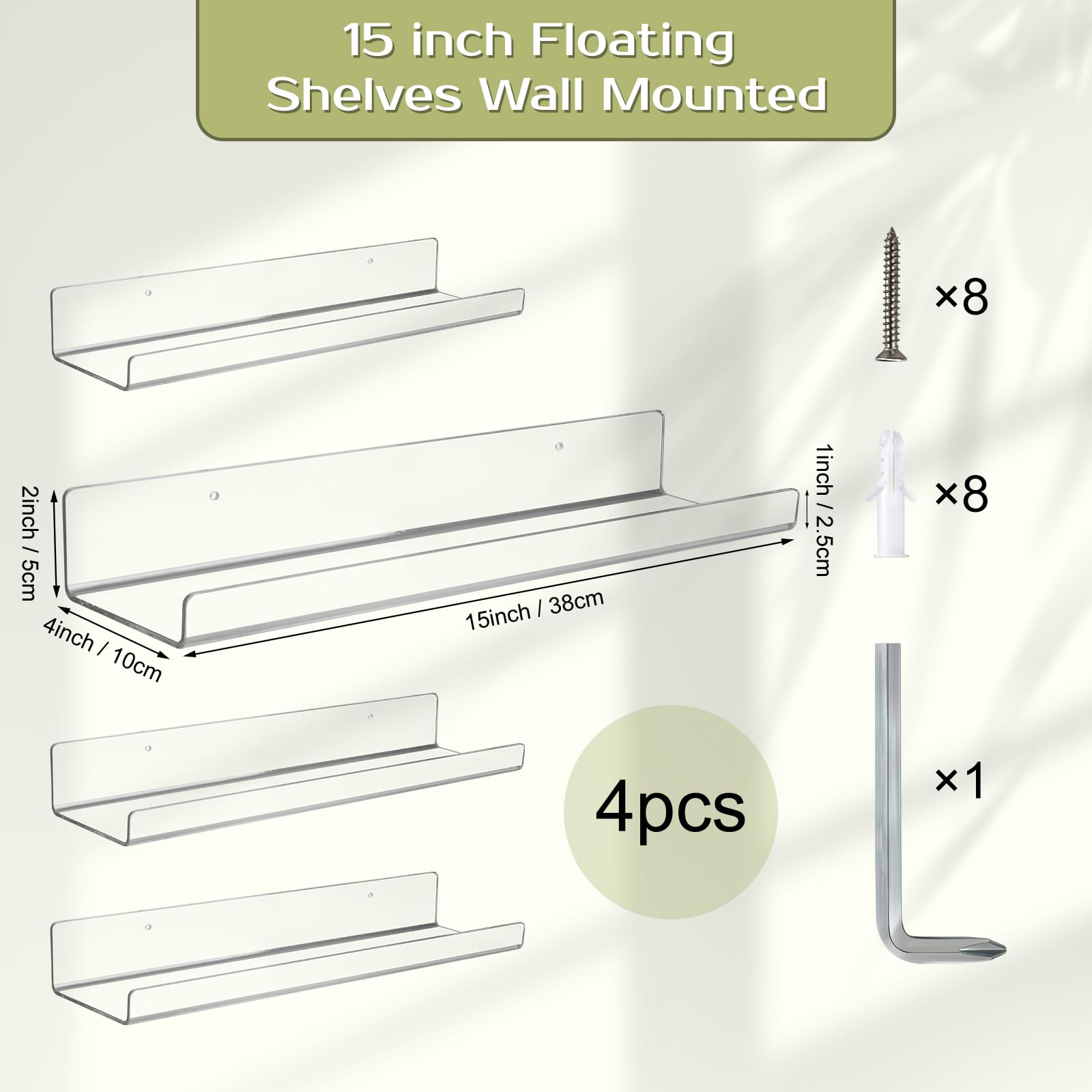 Boxalls Acrylic Clear Shelves - 4 Pack, 15 Inches Wall Storage Organizer Floating Shelf for Bathroom, Bedroom, Kitchen Variety Room, High Transparency Acrylic Waterproof Shelves