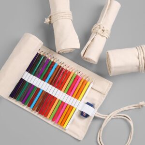 1 Piece Pencil Roll Up Case Canvas Pencil Wrap Case 48 Slot Pencil Roll Wrap Roll Up Pencil Holder Pencil Rolling Pouch Coloring Pencil Holder Organizer Storage for Painter Artist, Beige