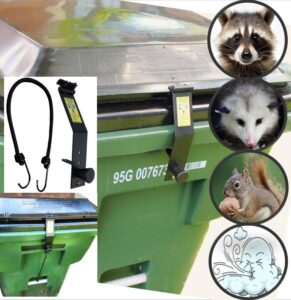 best critter proof trash can lid lock, true auto-release during collection process, protect against animals like raccoons, opossum or wind, easy to install, always holds lids locked.