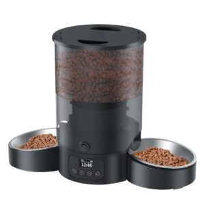 automatic cat feeder for 2 cats, 3l cat food dispenser surdy auto cat feeder with 2 stainless bowls, 10s meal call dual power supply and timer setting 12 portions 6 meals per day for cats and dogs