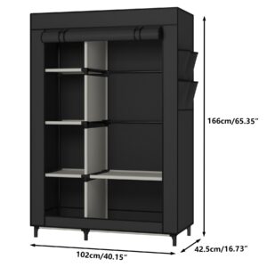 Calmootey Portable Closet Organizers, Clothing Storage, Wardrobe with 6 Shelves and Hanging Rod, Non-Woven Fabric Cover with 4 Side Pockets, Black