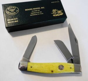 moore maker 5302c yellow smooth bone handle 3 blade large stockman.