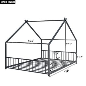 Montessori Floor Bed with Headboard and Footboard, Full Floor Bed with Slats, Metal House Floor Bed for Kids, Girls, Boys, Black Montessori Bed Full Size