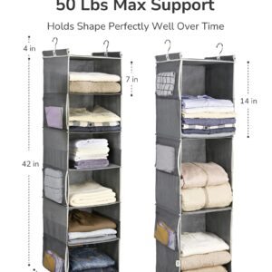 ULG 1 PC Hanging Closet Organizer, 3-in-1 to 6-in-1 Reversible Closet Hanging Shelves with 6 Side Pockets for Wardrobe Clothes Sweater Storage, Foldable, Dark Gray