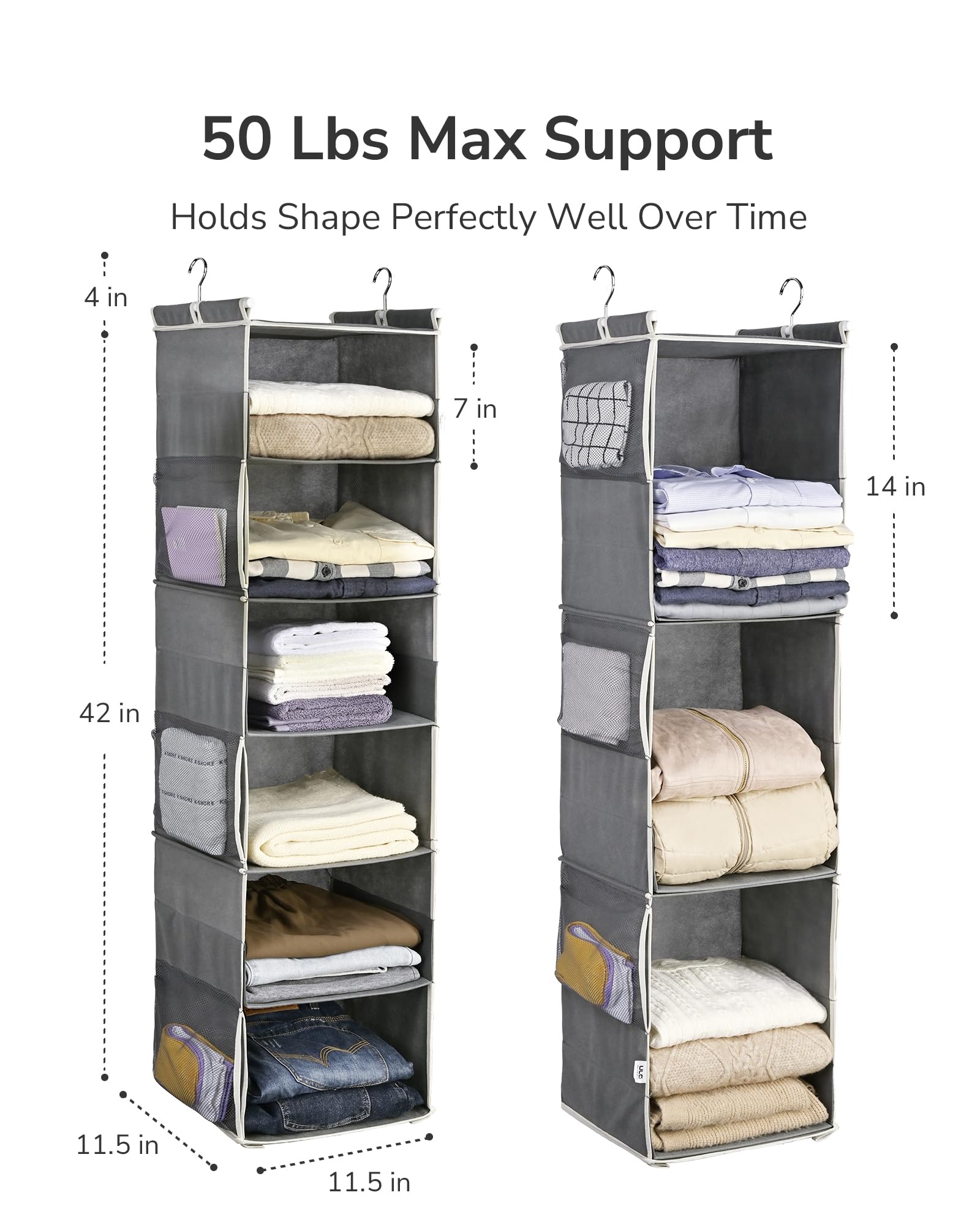 ULG 1 PC Hanging Closet Organizer, 3-in-1 to 6-in-1 Reversible Closet Hanging Shelves with 6 Side Pockets for Wardrobe Clothes Sweater Storage, Foldable, Dark Gray