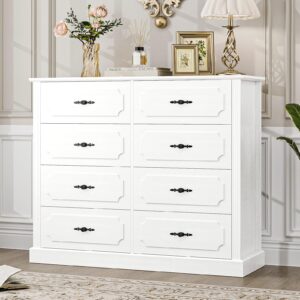 finetones white dresser chest of drawers, 47.2“ wood dresser 8 drawer with steel handles, modern dresser drawers floor storage cabinet for living room hallway office