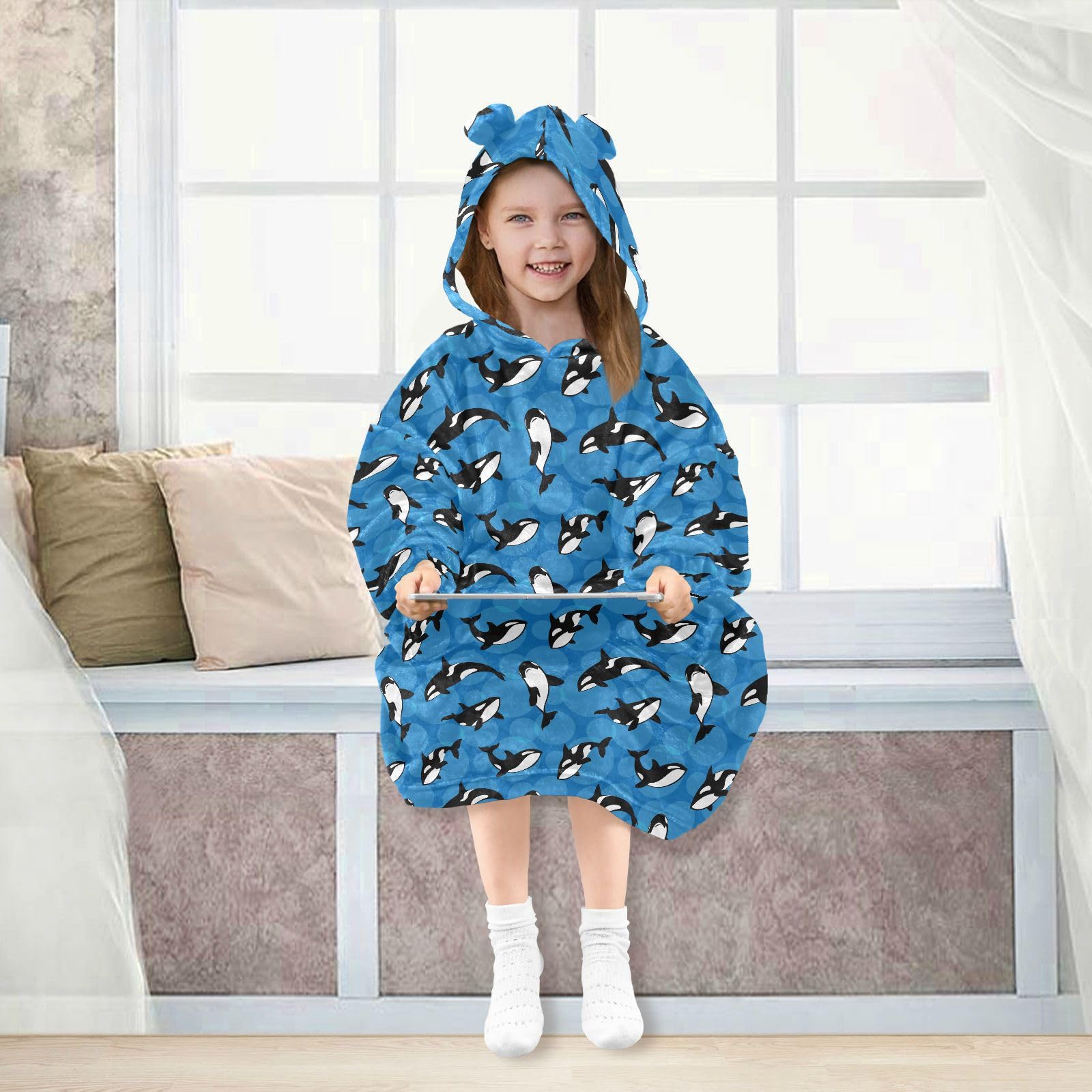 JHKKU Hoodie Blankets Sweatshirt Orca Killer Whale for Kids Warm Wearable Blanket with Pocket, Soft Comfortable Flannel Hoodie Blankets, Gifts for Girls Boys 3-14YR L