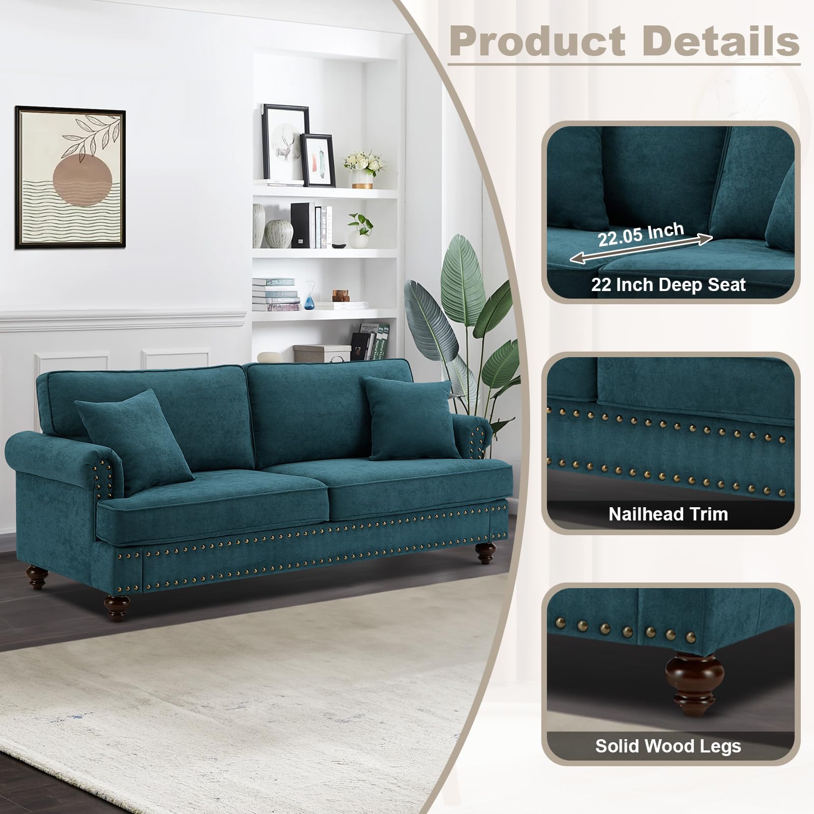 JEEOHEY 3 Piece Living Room Furniture Sets,Comfy Upholstered Sofa Couch Set,Including Armchair&Loveseat&3 Seater Sofa,Modern Deep Seat juegos de muebles de sala with Rolled Arms & Nailhead Trim(Green)