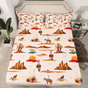 erosebridal western cowboy bed sheets queen, retro animal fitted sheet for kids, cartoon sunset desert cowgirl sheets, american adventure brown bedding set