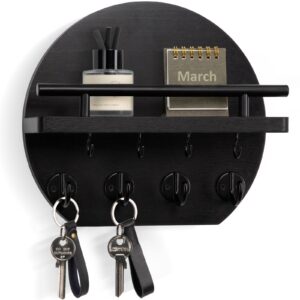 nekon key holder for wall - 9.8 inch apartment wall decor with shelf and 8 key hooks, circular wood key hanger for home decor (black)