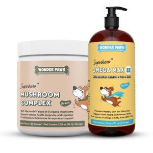 mushroom complex powder plus omega max fish oil - for dog’s immune health, vitality, skin & joint care – mushroom complex 90 scoops - omega max 16 ounces