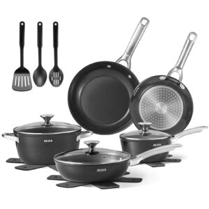 bezia induction cookware set 15-piece, pots and pans set non stick with ceramic coating, induction pots set with stainless steel handles ＆ lids, oven safe, compatible with all stoves