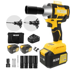 ncoen 650n.m cordless impact wrench 480ft/lbs brushless 1/2 impact gun variable speed 2800rpm upgraded 3 in 1 high torque impact drill 2x 4.0ah battery charger 4 sockets with storage bags