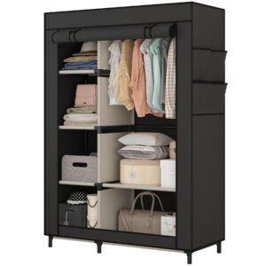 Calmootey Portable Closet Organizers, Clothing Storage, Wardrobe with 6 Shelves and Hanging Rod, Non-Woven Fabric Cover with 4 Side Pockets, Black