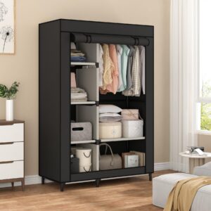 calmootey portable closet organizers, clothing storage, wardrobe with 6 shelves and hanging rod, non-woven fabric cover with 4 side pockets, black