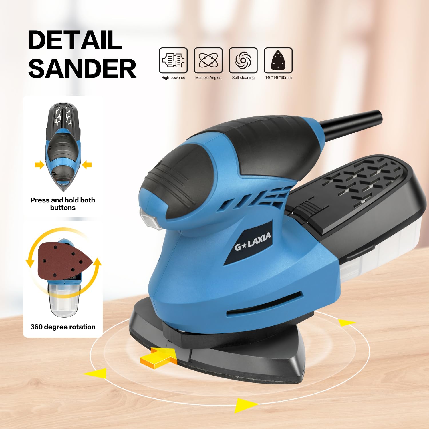 G LAXIA Detail Sander, 1.6 Amp Electric Sander with 10Pcs Sandpapers, 12000 OPM Hand Sander with Dust Box for Woodworking