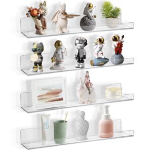 boxalls acrylic clear shelves - 4 pack, 15 inches wall storage organizer floating shelf for bathroom, bedroom, kitchen variety room, high transparency acrylic waterproof shelves