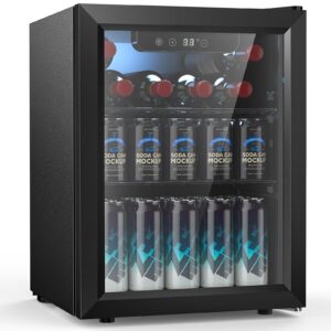 joy pebble beverage refrigerator and cooler,1.7 cu.ft,68 can mini fridge clear glass door for wine soda beer,16 bottle wine cooler with touch screen adjustable shelves for home bar office,black