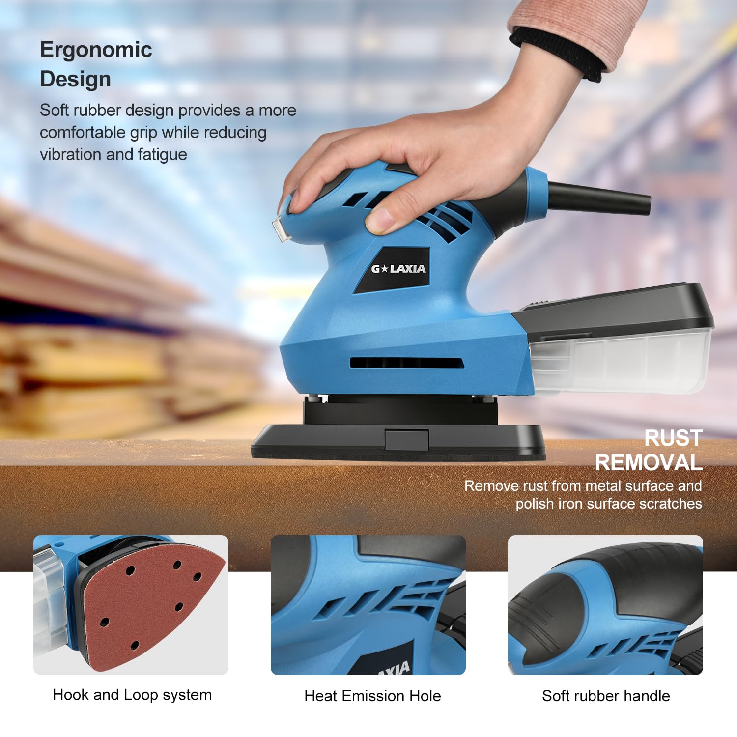 G LAXIA Detail Sander, 1.6 Amp Electric Sander with 10Pcs Sandpapers, 12000 OPM Hand Sander with Dust Box for Woodworking