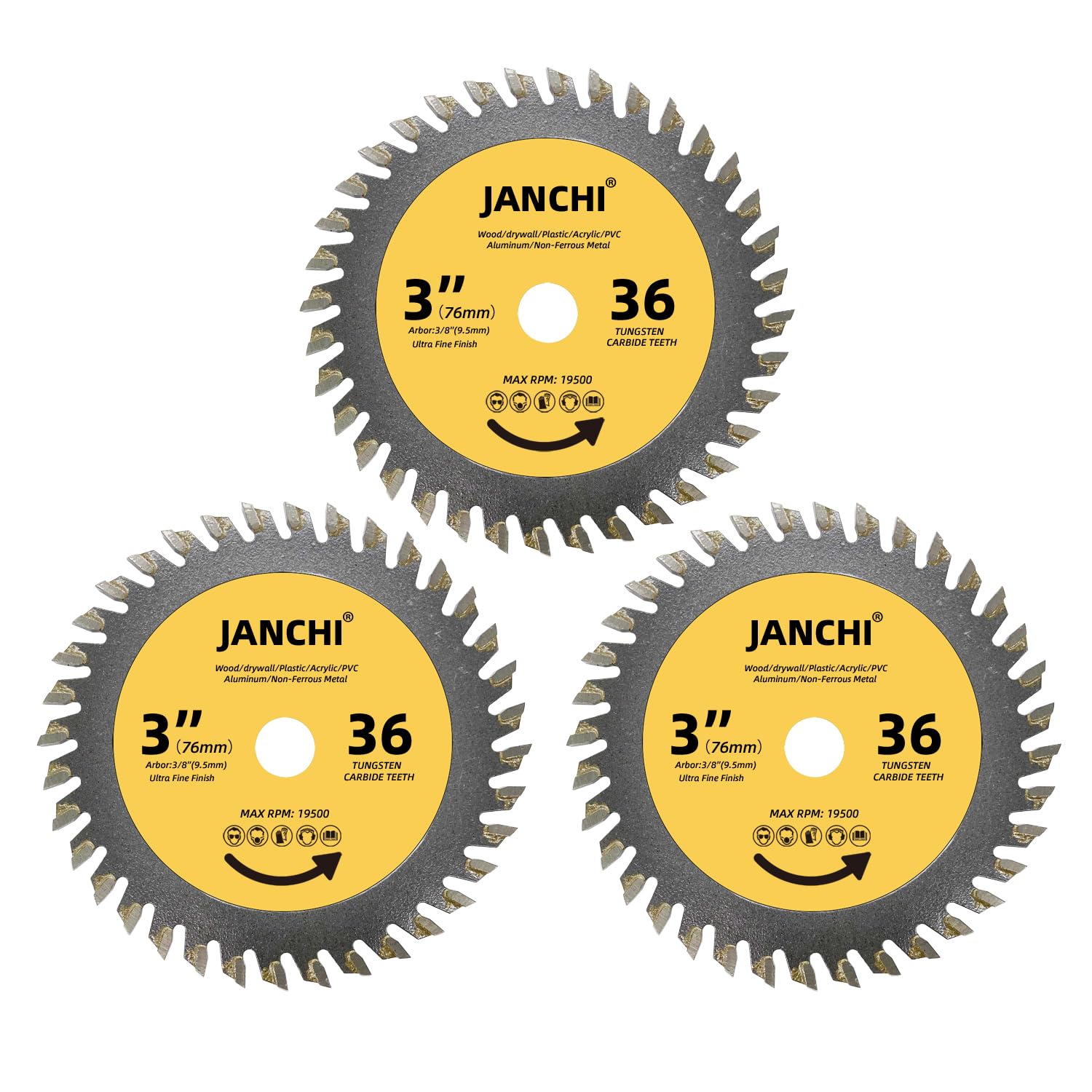 3PACK 3-Inch(75mm) 36T TCT Circular Saw Blade with 3/8-Inch(9.5mm) Arbor, Fast Clean Wood Plastic Cutting Cut-Off Wheel Compatible with Bosch Ridgid Ryobi Milwaukee Dewalt Worx Cut-Off Saw