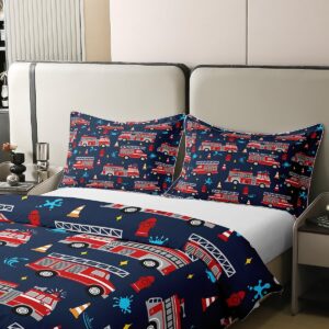 Erosebridal Firefighting Truck 100% Cotton Duvet Cover Twin, Fire Truck Bedding Set for Kids Teens Boys, Cartoon Emergency Rescue Vehicle Comforter Cover, Red Blue Fire Hydrant Roadblock Quilt Cover