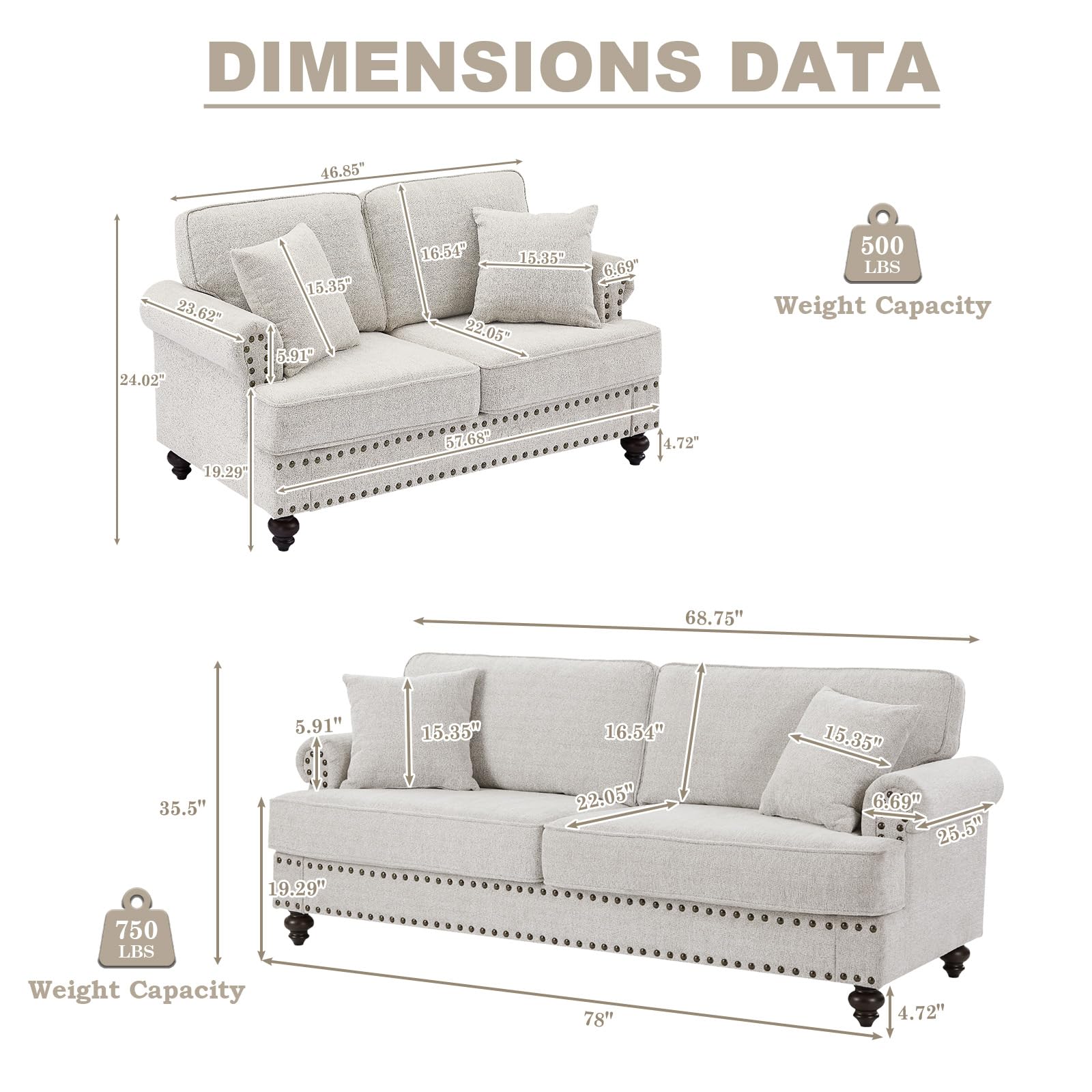 JEEOHEY 2 Piece Living Room Furniture Sets,Comfy Sofa Couch Set,Including Loveseat&3 Seater Sofa,Upholstered Deep Seat Sofa,Modern juegos de muebles de sala with Rolled Arms & Nailhead Trim(White)